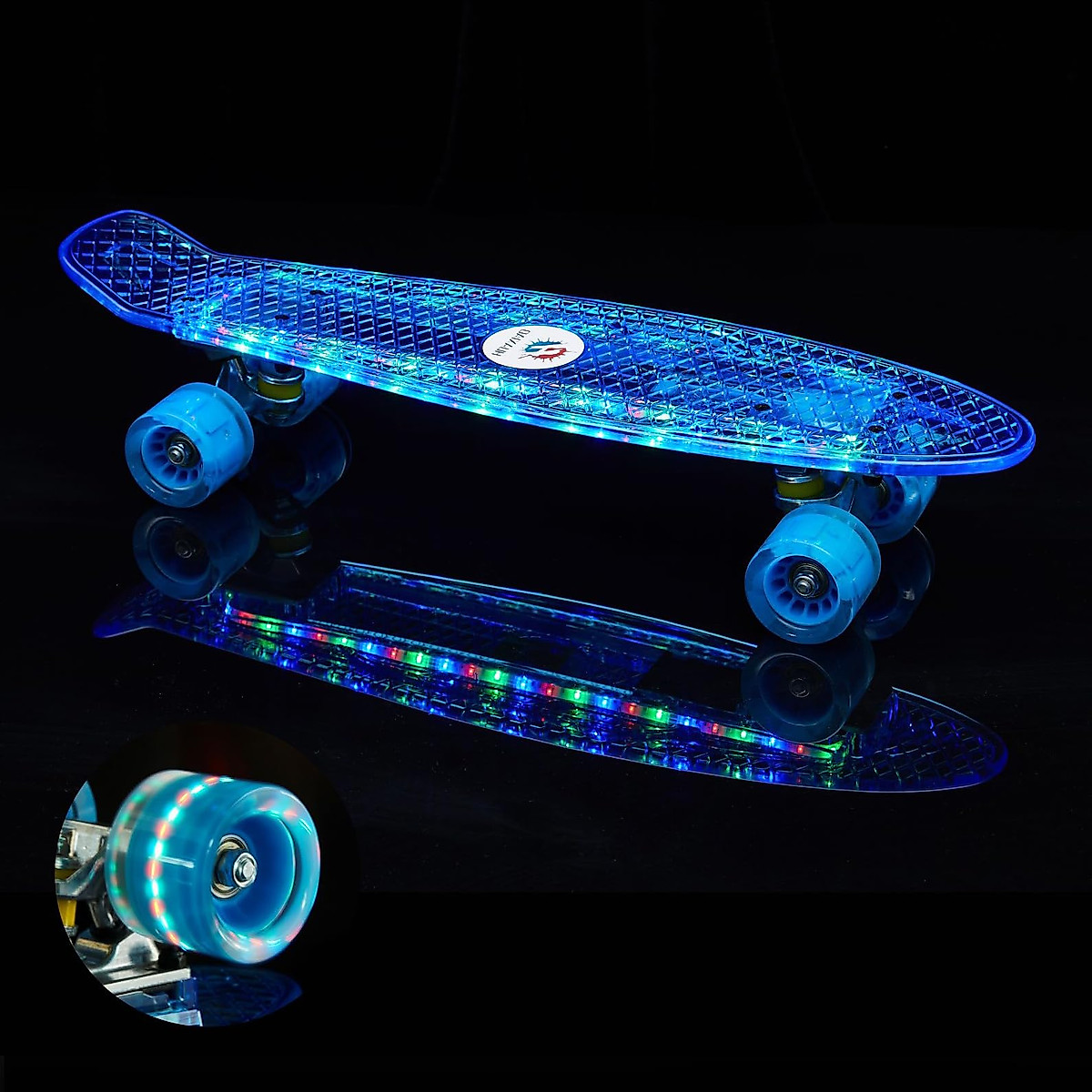 HUAXIAO 22 Inch Skateboard- with Led Light Up Wheels for Beginners,Complete Mini Cruiser Retro Skateboard for Kid,Smooth Riding,Durable Polypropylene with Pu Wheels