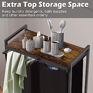 Whoonba Large Laundry Hamper Sorter with 2 Removable & Pull-Out Sorting Bags, Wooden Top Shelf, Versatile Laundry Basket Organizer for Laundry Room, Bathroom, Dorm, 10 * 2 Gal, Black