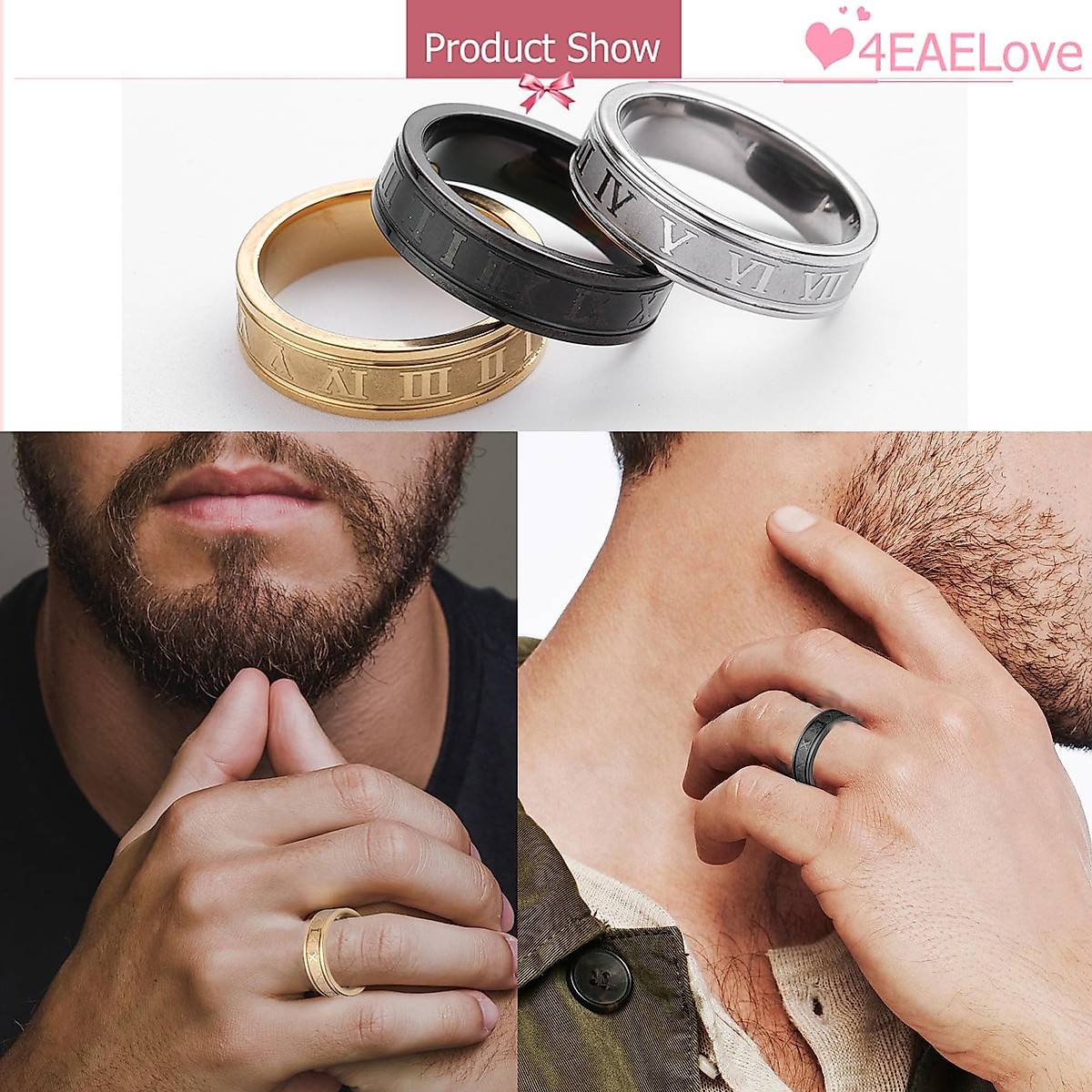 4EAELove Custom Roman Numeral Ring for Men Text Engraved Personalized Graduation for Women Men Thumb Stainless Steel 6mm Black Silver Gold