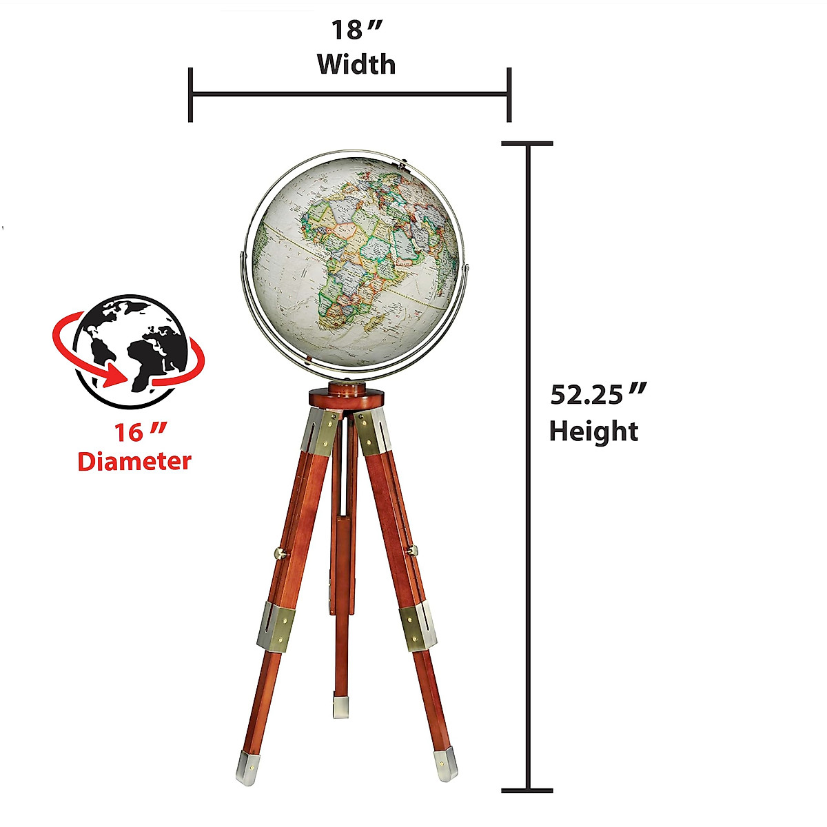 National Geographic Eaton 16" Diameter Floor Globe with Adjustable Legs and Brass Plated Meridian and Fittings