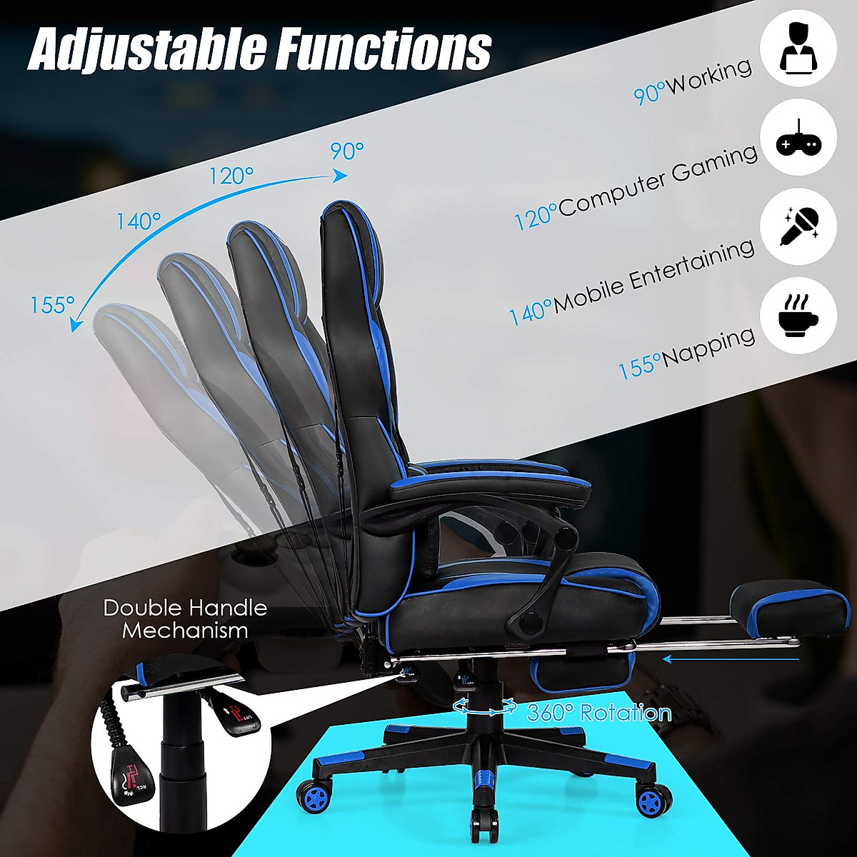 Goplus Massage Gaming Chair, Reclining Backrest, Seat Height Adjustment Racing Computer Office Chair with Footrest, Ergonomic High Back PU Swivel Game Chair (Blue)