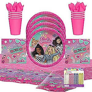Barbie Dream Together Party Supplies Pack Serves 16: 7" Dessert Plates Beverage Napkins Cups and Table Cover with Birthday Candles