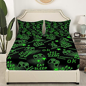 Teen Gaming Bed Sheets Gamepad Game Geometric Pattern Sheet Set for Kids Boys Girls Green Decor Bed Set Eat Sleep Play Gaming Sheets Room 4Pcs Full Size