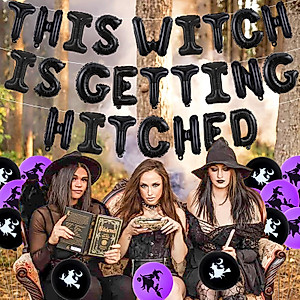 Wonmelody This Witch is Getting Hitched Banner Wizard Bachelorette Party Decorations Halloween Bachelorette Decor with Black Purple Wizard Print Balloons for Halloween Weeding Bridal Shower