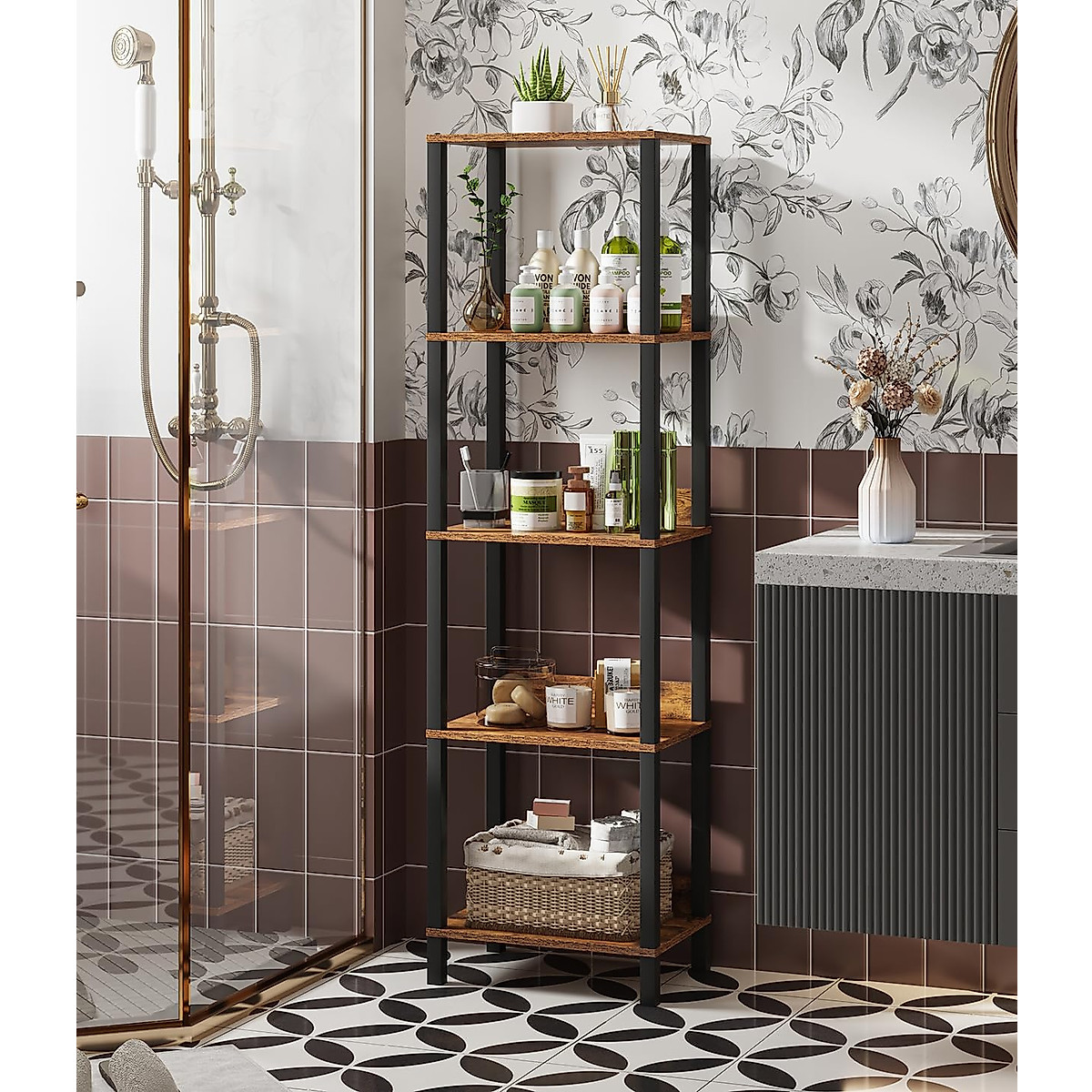 VIMBER 5-Tier Bookshelf with Anti-Fall Baffle, Tall Bookcase for Books, Garage Kit, CDs, Movies, Industrial Standing Bookshelves Storage Organizer for Bedroom Office Living Room USSJ001F