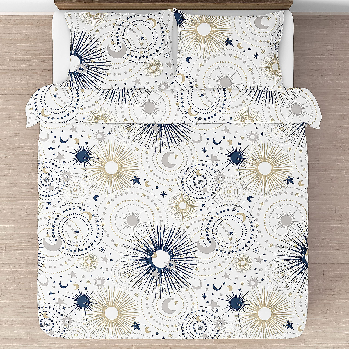 Sweet Jojo Designs Star and Moon Boy or Girl Full/Queen Bedding Set Kids Comforter Childrens Size - 3 Pieces - Navy Blue, Gold, and Grey Celestial Sky Stars Gender Neutral Unisex