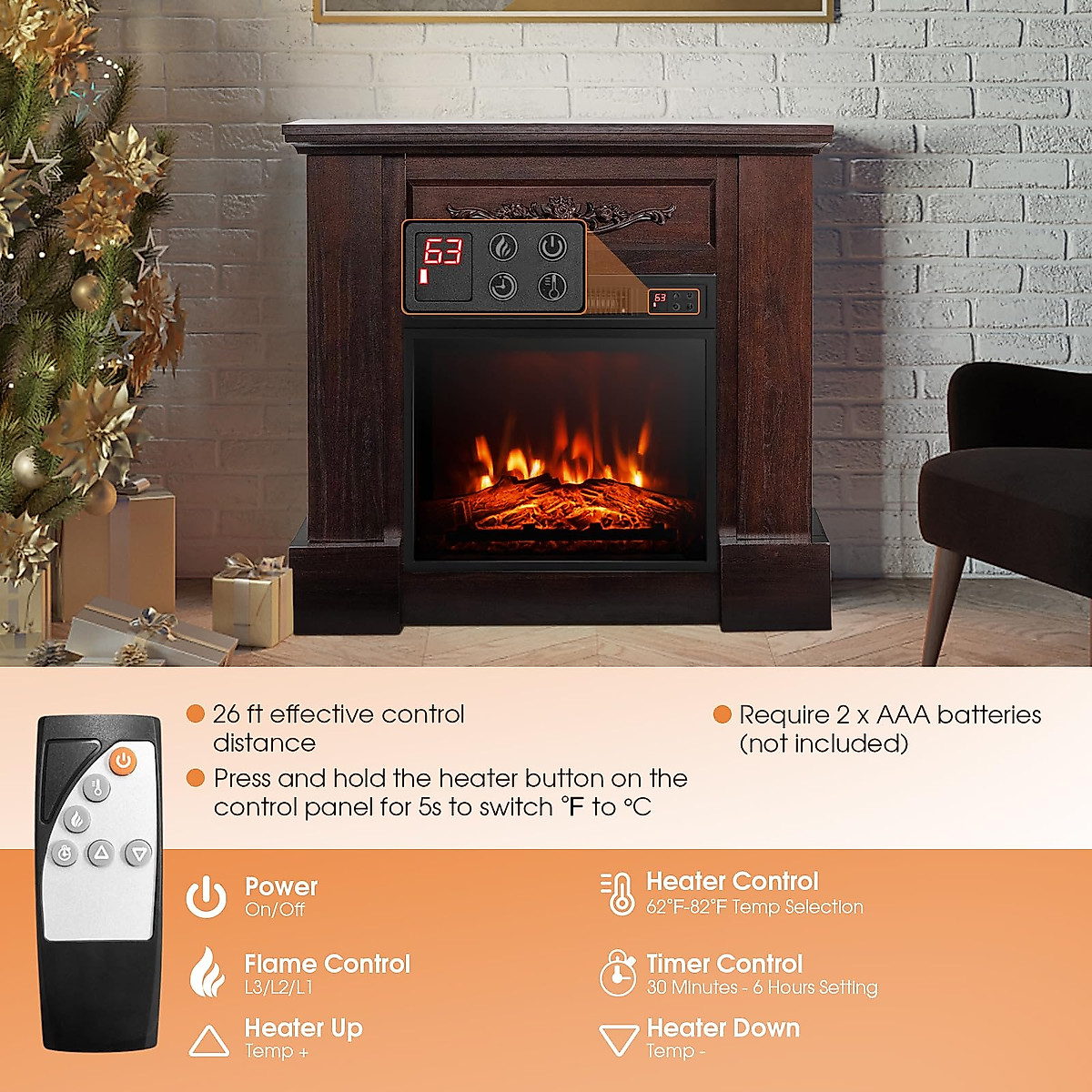 SIMOE 32" Electric Fireplace with Mantel,Package Freestanding Fireplace Heater with Remote Control & Overheat Protection & Adjustable Flame,Indoor Fireplace Mantel for Living Room,Bedroom,Brown
