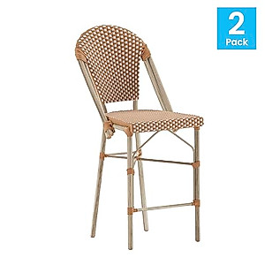 Flash Furniture Lourdes Commercial Grade Bistro Counter Stool, Stackable Indoor/Outdoor Dining Stool, 26"High, Natural/White-Light Natural Finish, Set of 2