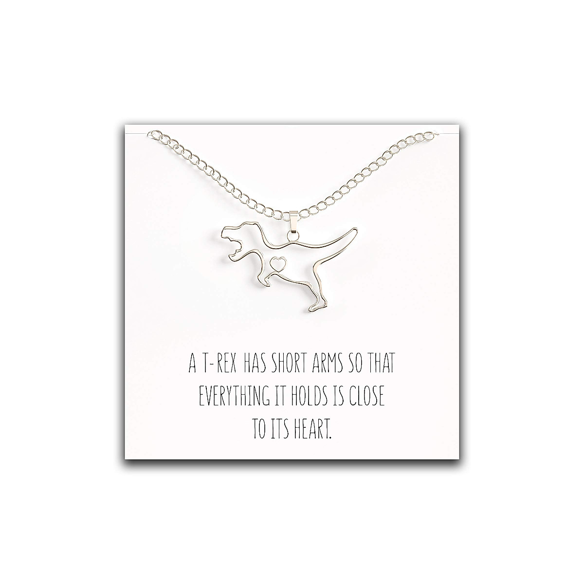 Happy Kisses Dinosaur T-Rex Necklace - Cute Pendant Gift - Sweet and Funny Message Card (Silver)