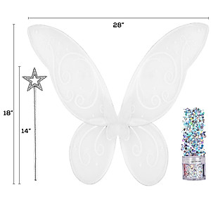 Funcredible Fairy Costume Accessories - White Fairy Wings and Fairy Star Wand, Glitter - Tooth Fairy Cosplay Outfit for Women and Girls