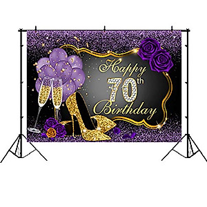 Happy 70th Birthday Backdrops Shining Purple Dots and Gold Frame Photography Background for Party Decorations Rose Floral Balloons Heels Champagne Glass Party Banner Supplies Photo Studio Props 7x5ft