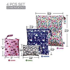 FLOCK THREE 4pcs Waterproof Wet Bag Reusable for Wet Clothes Baby Diapers Stroller Swimsuit Travel Reusable toiletries Pouch Small and Larger Electronics case 4 Pack (Windy Days)