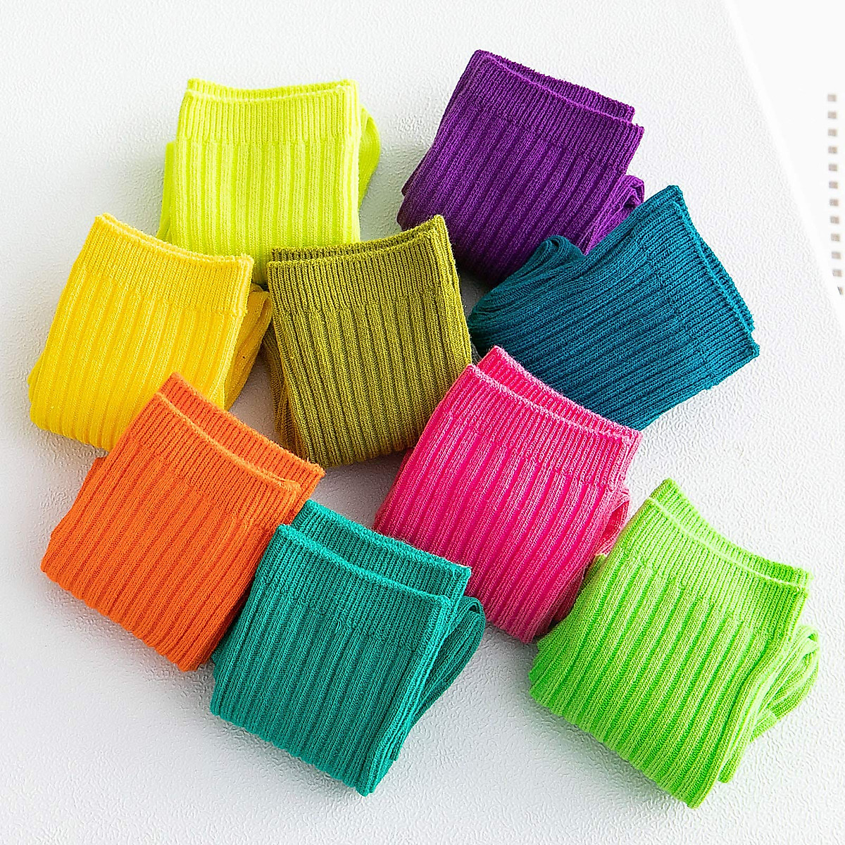 MINI PANDA Little Girl's Socks, Girls Socks Cute,girls Crew Socks 9 Pairs Pack (9 colors-2, 5-8 Years)