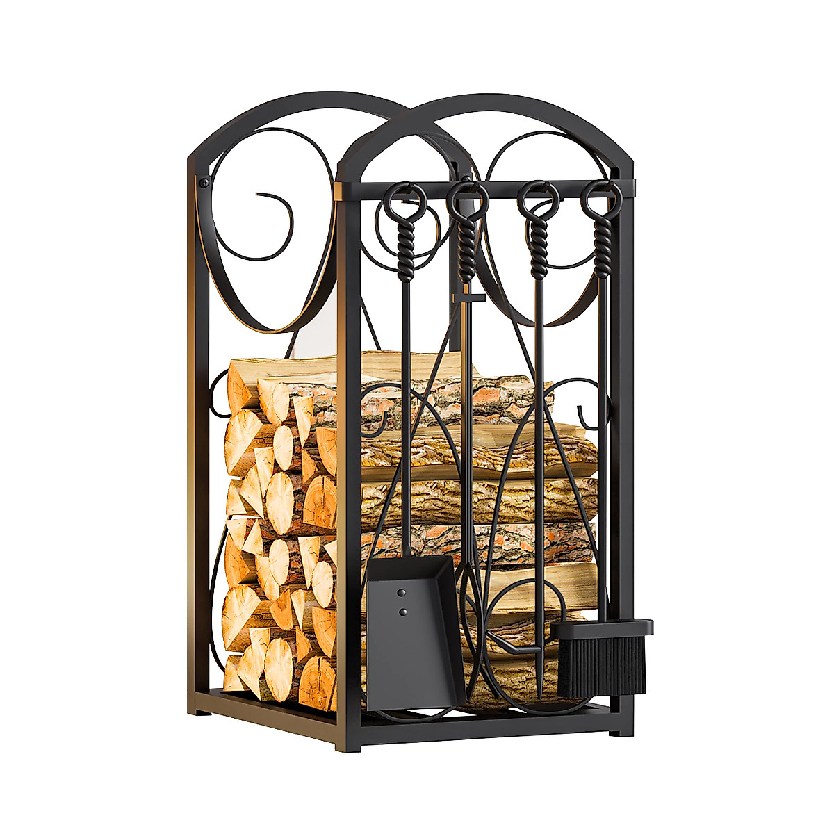 Kingson 5-Piece Firewood Log Rack With 4 Fireplace Tools Set Fireside Holder Wood Lumber Storage Stacking With Tongs Shovel Poker And Brush-Black