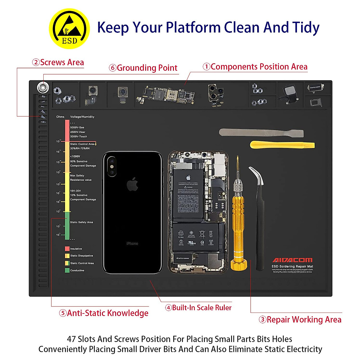 18x12 Inch ESD Silicone Soldering Mat,Anti Static Repair Work Mat Tool Kits for PC Building Includes Grounding Plug Outlet Adpater,Antistatic Gloves,Wrist Strap Bracelet Wristband,Wire Cord,Aidacom