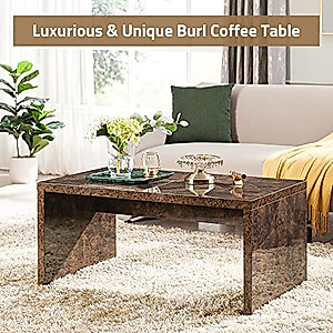 WISOICE Mid Century Modern Coffee Table for Living Room Tables Luxury with Waterproof High Gloss Burl Veneer Finish, Rustic Brown Rectangle Wooden Coffee Center Table (40" W x 22" D x 18" H)