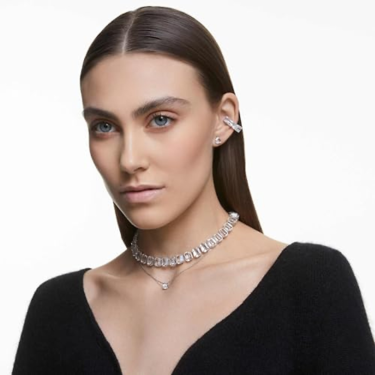 Swarovski Matrix clip earrings, Square cut, Clear, Rhodium Finish