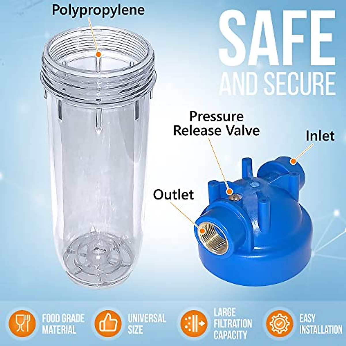 10 Inches European Design Transparent Standard Whole House Water Filter System with Presser Relief Valve, 3/4” Inlet/Outlet Brass Port and Yearly Supply (4) Sediment Cartridges 5 Micron