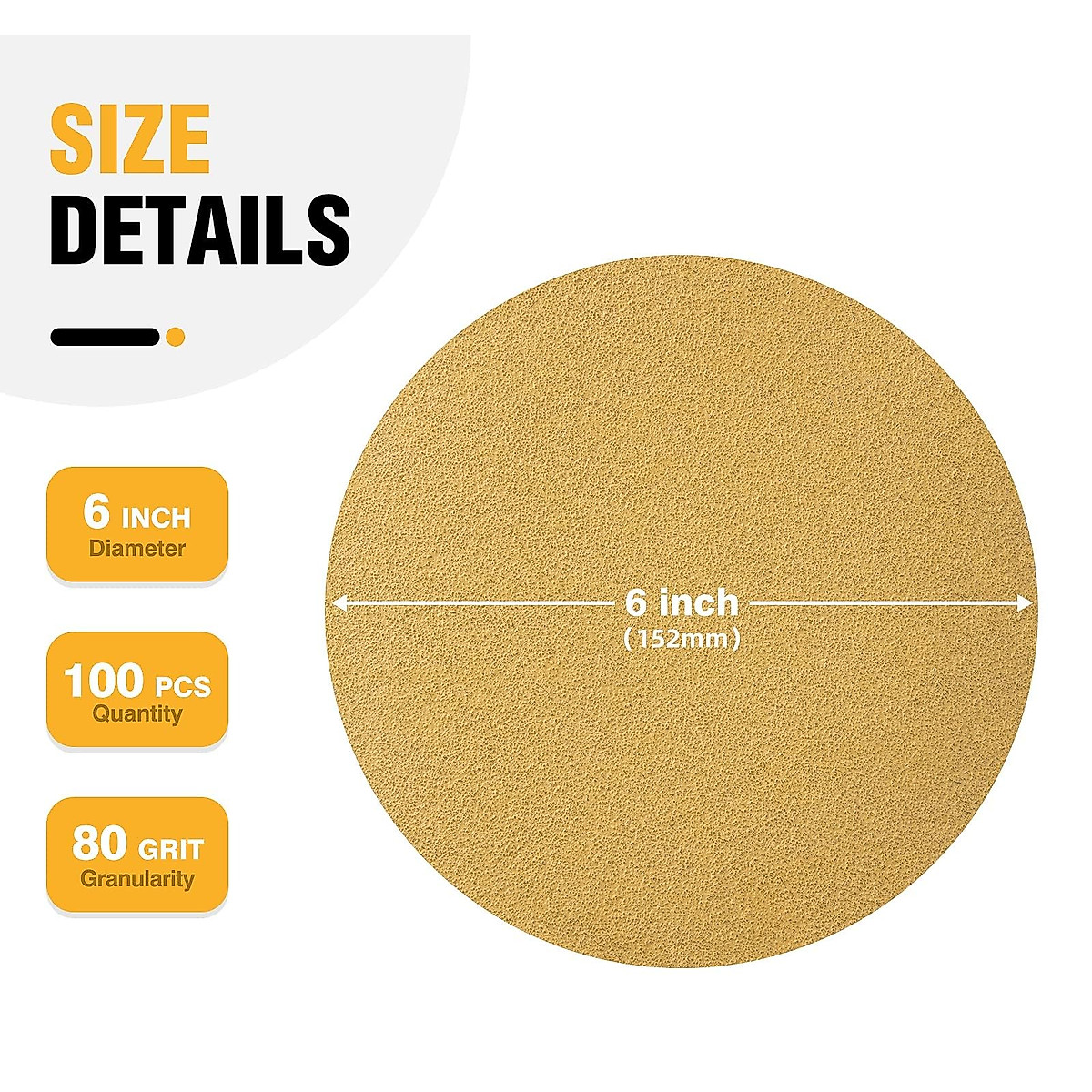 LuckyGuard 100 PCS 6 Inch Gold PSA Sanding Discs 80 Grit Self Adhesive Sticky-Back Sandpaper for DA Sander Finishing Various Materials-Wood Metal Plastics Woodworking Sanding Disc Roll