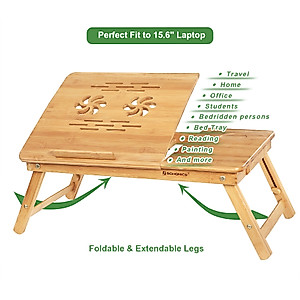 SONGMICS Bamboo Laptop Desk Serving Bed Tray Breakfast Table Tilting Top with Drawer