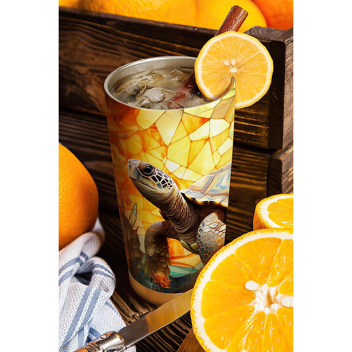 20oz Orange Stained Glass Flower Sea Turtle Tumbler, Gifts for Turtle Lovers, Ocean, Beach Gifts, Coffee Thermos for Women, Stainless Steel Double Wall Vacuum Insulated Coffee Mug, Travel Cup with Lid
