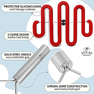 Zulay Kitchen Non-Scratch Potato Masher Kitchen Tool - Durable Stainless Steel Wrapped in Premium Silicone Mashed Potatoes Masher - Versatile Masher Hand Tool & Potato Smasher (Red)
