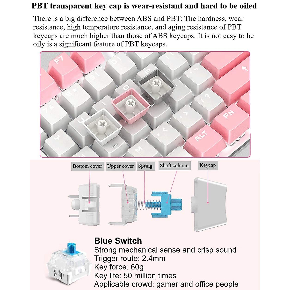 Mechanical Gaming Keyboard, with Multimedia Knob, Wrist Rest, Metal Panel, White LED Backlit, Pink and White PBT Keycaps, USB Wired Full-size Keyboard for Gamer Office PC Laptop Mac (Blue Switch)