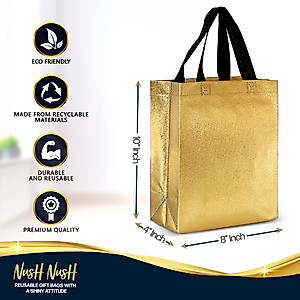Nush Nush Gold Gift Bags Medium Size – Set of 12 Gold Reusable Gift Bags With Handles in Bulk - Bridesmaids, Bachelorette, Birthday, Christmas Gift Bags, Goodie Bags, Party Favor Bags – 8Wx4Dx10H