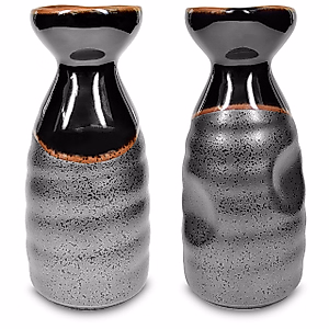 Product of Gifu Japan Mino Ware Traditional Japanese Sake Set, Tokkuri Bottle and 4 Ochoko Cups, Black Kuro Oribe