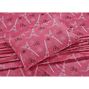 Home Collection Queen Size Comforter And Sheet Set Paris Eiffel Tower Hearts Flowers for Girls/Teens White Pink Black Pink/ White New