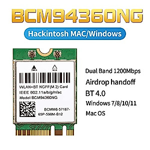 BCM94360NG NGFF M.2 2230 WiFi Card 802.11ac 1200Mbps Adapter for macOS BCM94360CS Wireless Card Original M.2 Card Plug and Play for AirDrop Continuity Handoff Better BCM94352Z DW1560 for Intel NUC