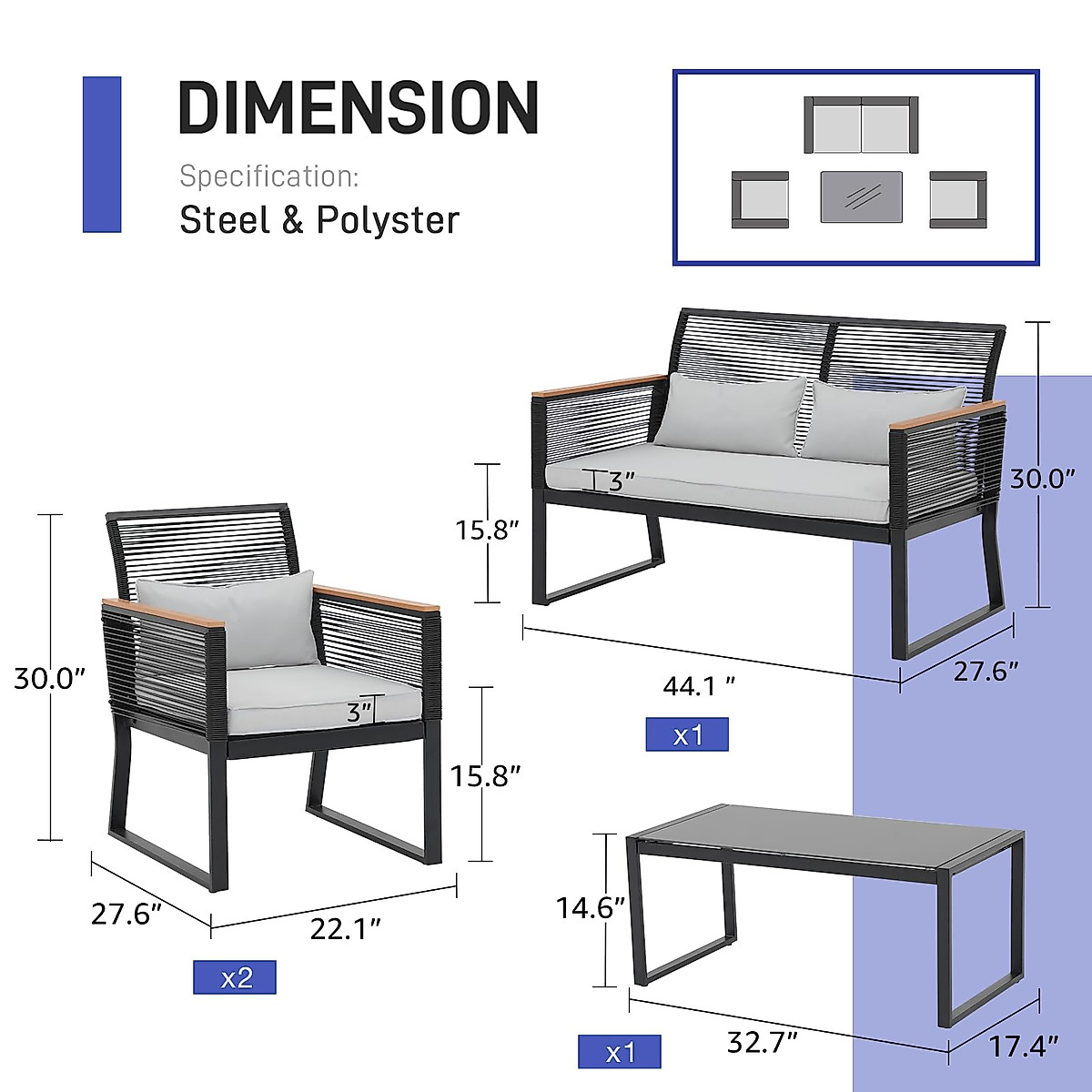 Patiorama 4 Piece Patio Furniture Set, Outdoor Wicker Bistro Set, All-Weather Black PE Rattan Conversation Set w/Coffee Table, Loveseat, Wood-like Armrest, Cushions for Garden Balcony Deck, Light Grey