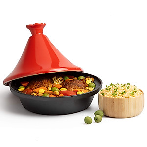 Tagine Moroccan Cast Iron 4 qt Cooker Pot with Recipe Book, Caribbean One-Pot Tajine Cooking, Enameled Ceramic Lid- 500 F Oven Safe Dish w Large Capacity, Cone Shaped Lid, Cookware Gift