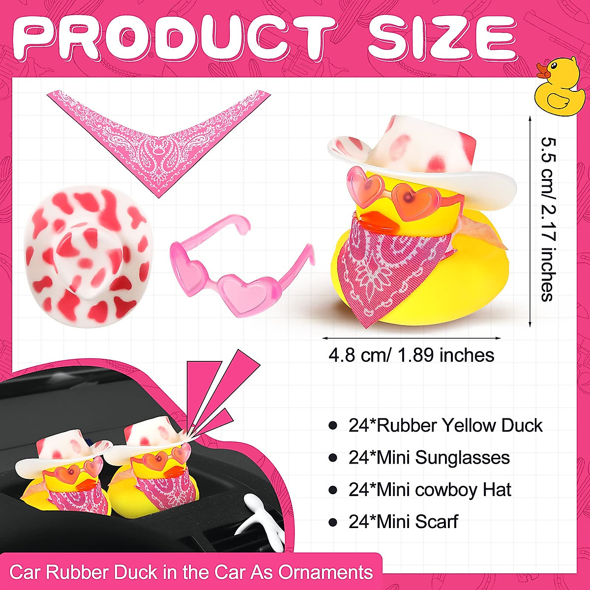 Jexine 24 Pcs Cowboy Rubber Duck, Cowboy Rubber Duck Mini Rubber Duckies with Hat Glasses Scarf Shower Party Favor(Cow Pattern)