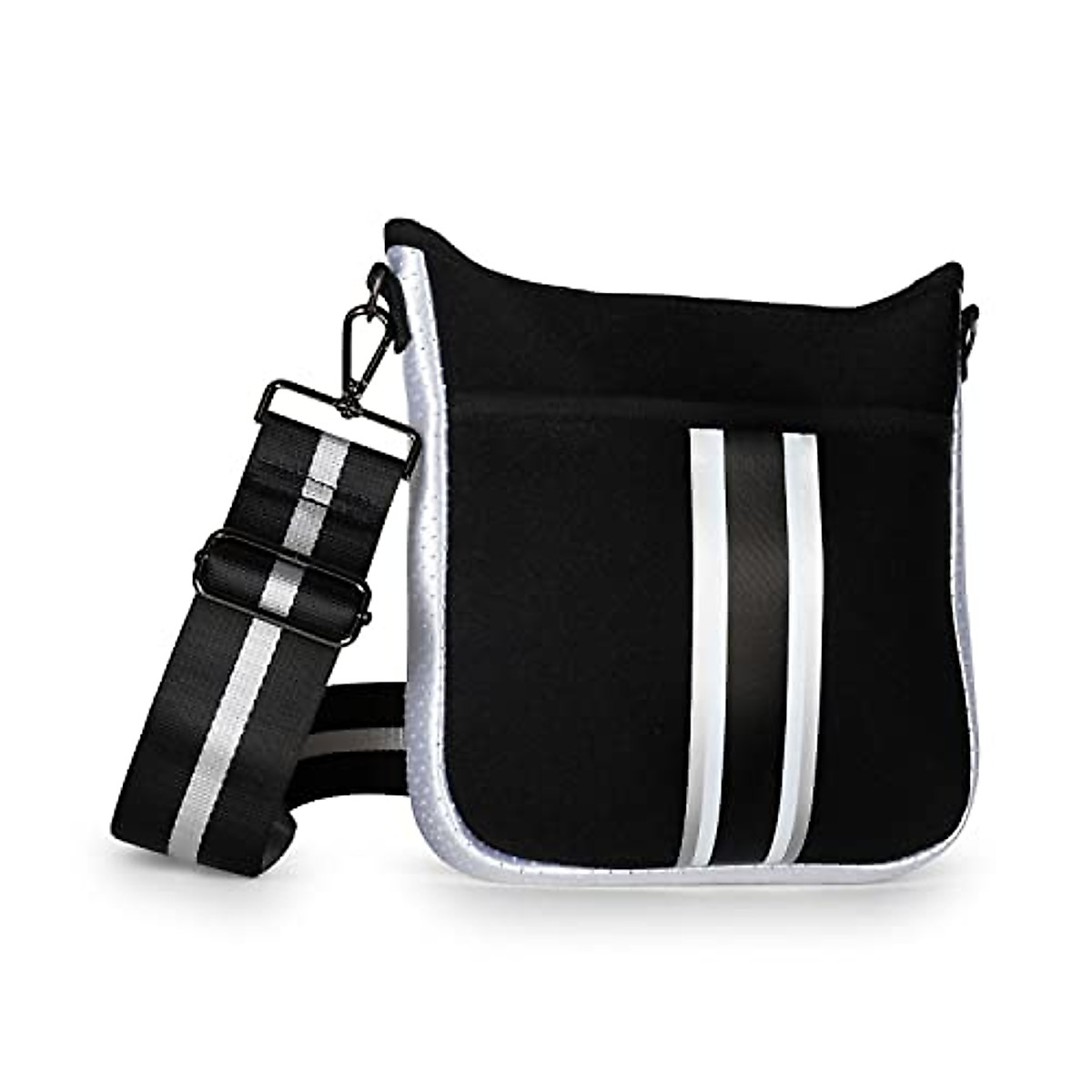Haute Shore - Jeri Jazz Crossbody Tote, Black W/Black & Silver Stripe