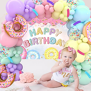 Donut Birthday Party Decorations,140Pcs Sweet One Balloon Garland Arch Kit and Happy Birthday Backdrop,Pastel Confetti Donut Foil Balloons for Donut Grow Up Baby Shower Decor Two Sweet Party Supplies
