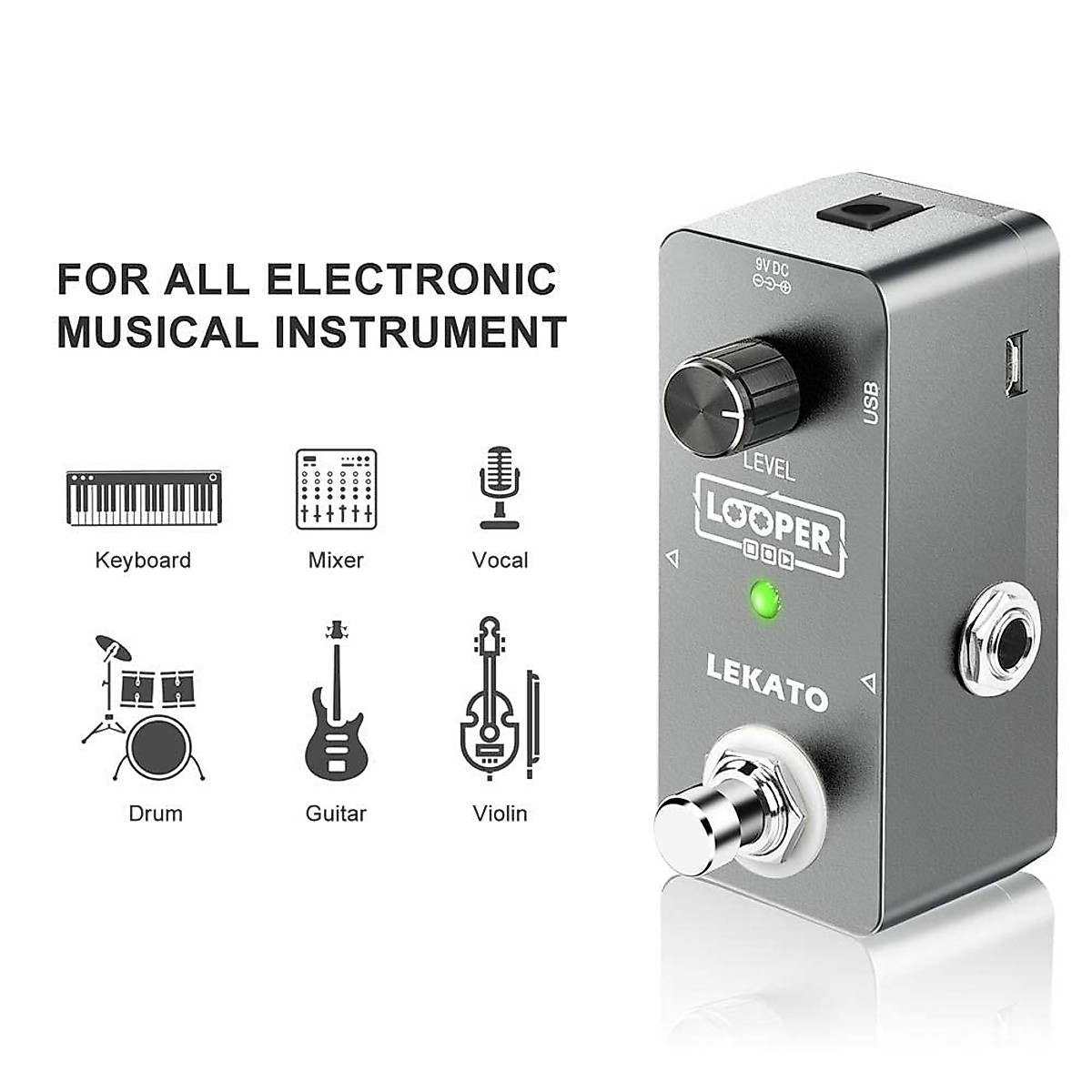 LEKATO Guitar Looper Effect Pedal Loop Pedal Unlimited Overdubs 5 Minutes Looping Time Looper Pedal with USB Cable and 9V 0.6A Pedal Power Supply Adapter