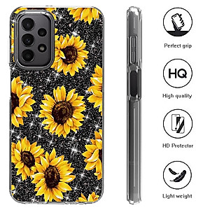 DDTKZC for Samsung Galaxy A23 5G Case，Samsung A23 5G Case Tempered Glass Protector Lustre Pattern-Sparkle 3 in 1 Clear Shockproof Case for Samsung A23 5G (Yellow Sunflower)