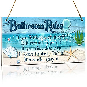 Bathroom Rules Sign Decor Bathroom Rule Wall Plaque Decor Bathroom Rule Wooden Hanging Sign Bathroom Wall Art Farmhouse Bathroom Wall Decor Rustic Funny Bathroom Decor, 10 x 5 Inch（sea beach）