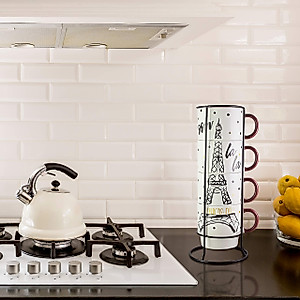 American Atelier Ceramic Mug & Rack Set – [4] 14-Ounce Cups & Standing Metal Rack for Kitchen Countertop, Tabletop, Island or Café Display – Tea & Coffee Lovers - Eiffel Tower Design