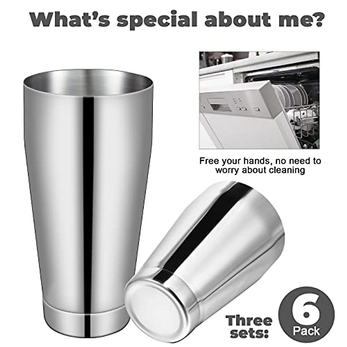 6 Pieces Cocktail Shakers Professional Bar Shaker Boston Shaker Set Stainless Steel Martini Shaker Drink Mixer Basic Tools Weighted Shake Metal Can Cocktail Shaker Set for Bartenders, 18 Oz, 28 Oz