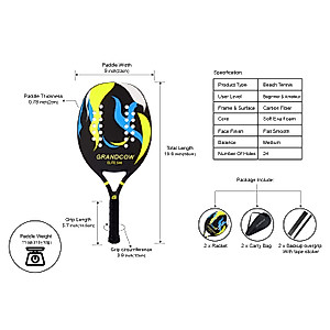 GRANDCOW Beach Tennis Paddle Racket Carbon Fiber with EVA Memory Foam Core Tennis Padel (2Pcs Black)