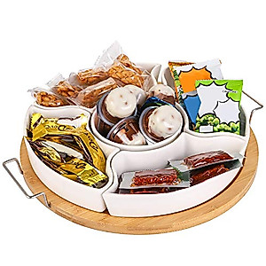 yarlung 10 Inch Ceramic Divided Serving Dishes with Bamboo Platter, Appetizer Tray 5 Removable Snacks Bowls for Candy and Nut, Chips and Dips, No Lid Included