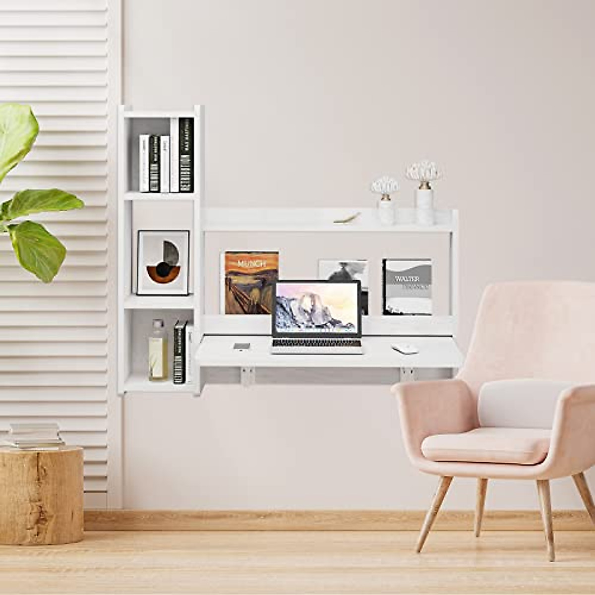 Pmnianhua Floating Desk,Wall Mounted Laptop Computer Desk Folding Wall Table Desk Workstation with Storage Shelves for Wall Bedroom Small Space (Grayish-White-Left)