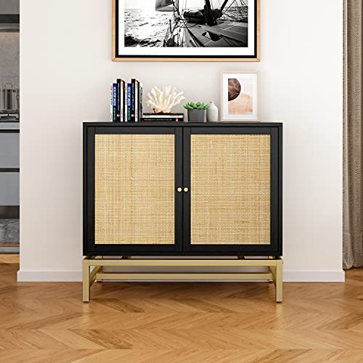 Goujxcy 2Pcs Rattan Sideboard Buffet Cabinet, Kitchen Storage Cabinet with Rattan Decorated Doors, Liquor Cabinet, Dining Room, Hallway, Cupboard Console Table, Accent Cabinet (Black1-2Pcs)