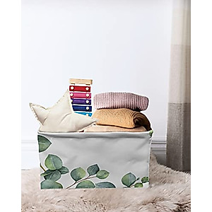 Storage Bins Fabric Storage Cubes 15x11x9.5 Inch Natural Green Leaves Eucalyptus Leaf Foldable Storage Basket for Organizing Closet Shelf Nursery Toy 1 PCS