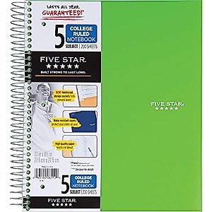 Five Star Spiral Notebook, 5 Subject, College Ruled Paper, 200 Sheets, 11" x 8-1/2", Color Selected For You, 1 Count (06112)