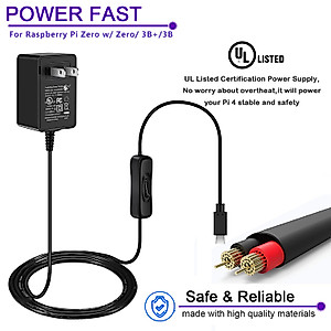 [5V 3A UL Listed] iUniker Power Supply for Raspberry Pi 3, Power Supply for Raspberry Pi MicroUSB Power Supply with on/off Switch Compatible with Raspberry Pi 3/ 3b+/ Zero/Zero 2w