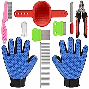 10 Pieces Pet Grooming Brush and Combs Set, Pet Grooming Gloves, 2-in-1 Steel Combs for Dogs and Cats, Metal Flea Comb for Cats, Dog Nail Trimmer, Dog Finger Toothbrush