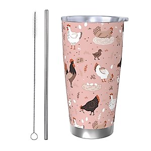 CHASOEA Chicken Tumbler 20oz Rooster Hen Stainless Steel Insulated Tumblers with Lid and Straw Animal Pink Travel Coffee Mug Tea Wine Cups Water Bottle Chicken Gifts for Women Chicken Lovers